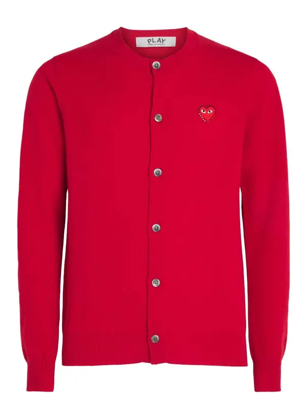 Comme Des Garçons Wool Rhinestone Heart Logo Cardigan - Red
