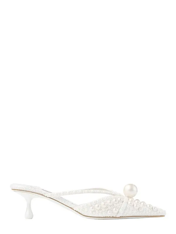 JIMMY CHOO Sana Mule 50 White Satin Pearl Embellished Pointed Toe Mules - Neutral