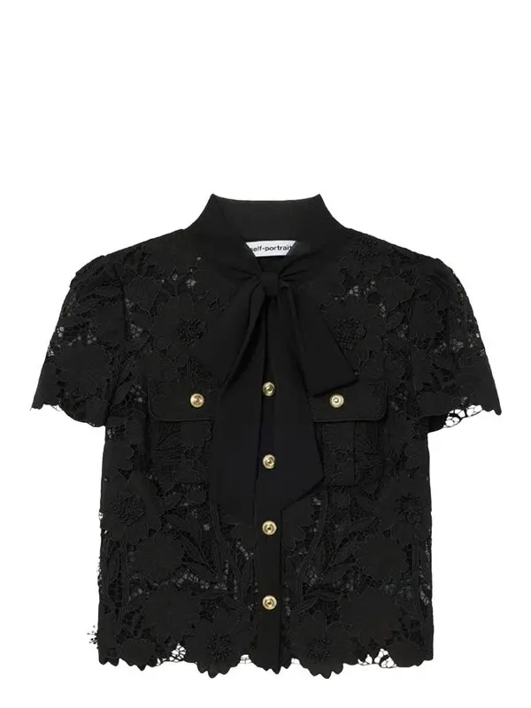 SELF-PORTRAIT Lace Tie Neck Short Sleeve Blouse - Black