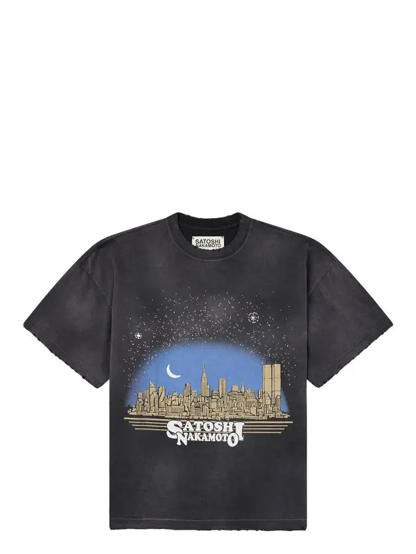 SATOSHI NAKAMOTO Tourist Logo-print Distressed Cotton-jersey T-shirt - Black