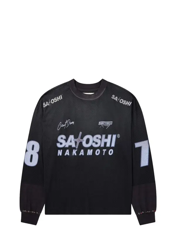 SATOSHI NAKAMOTO Moto" Logo-print Mesh Long Sleeve T-shirt - Black