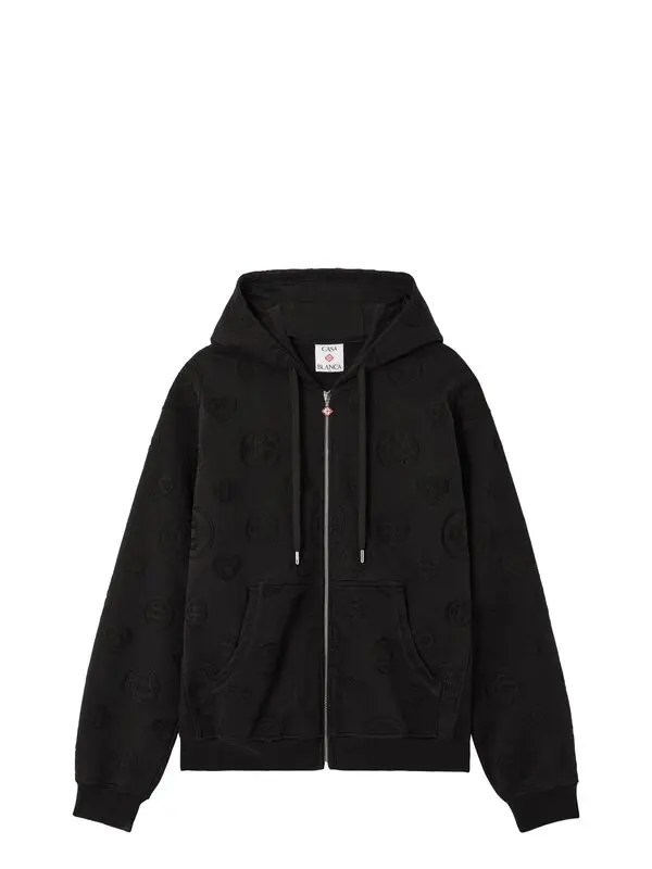 Casablanca Applique Monogram Zip-up Hooded Sweatshirt - Black