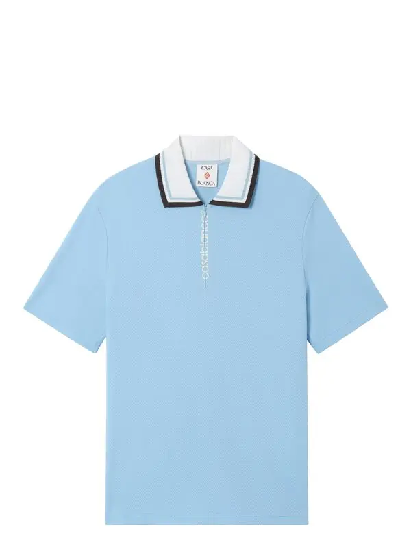 Casablanca Pale Pique Quarter Zip Short Sleeve Polo Shirt - Blue