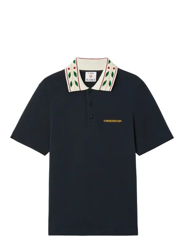 Casablanca Navy Laurel Pique Short Sleeve Polo Shirt - Multicolor