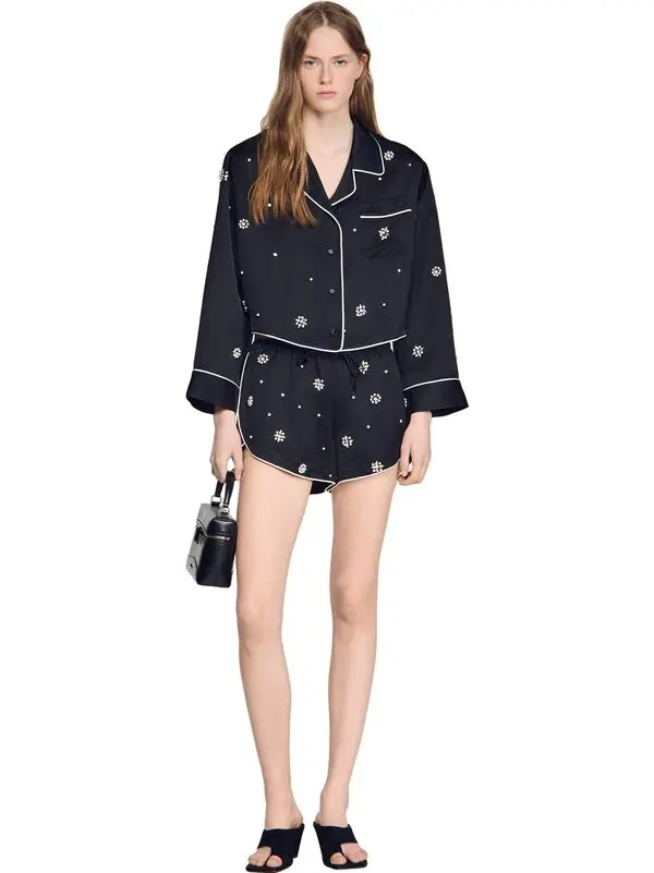 Sandro Beaded And Rhinestone Wide-leg Shorts - Black