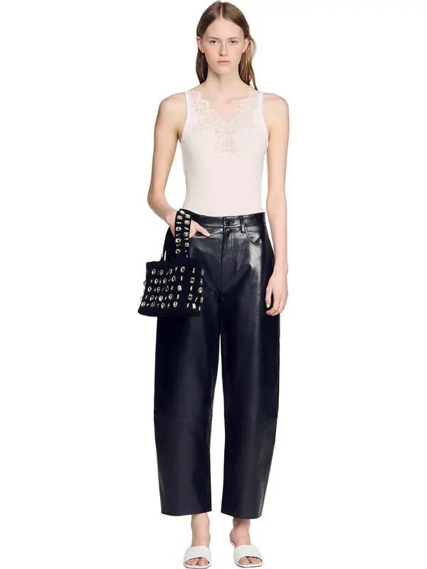 Sandro Ribbed Knit Tank Top With Lace Trim - Ecru