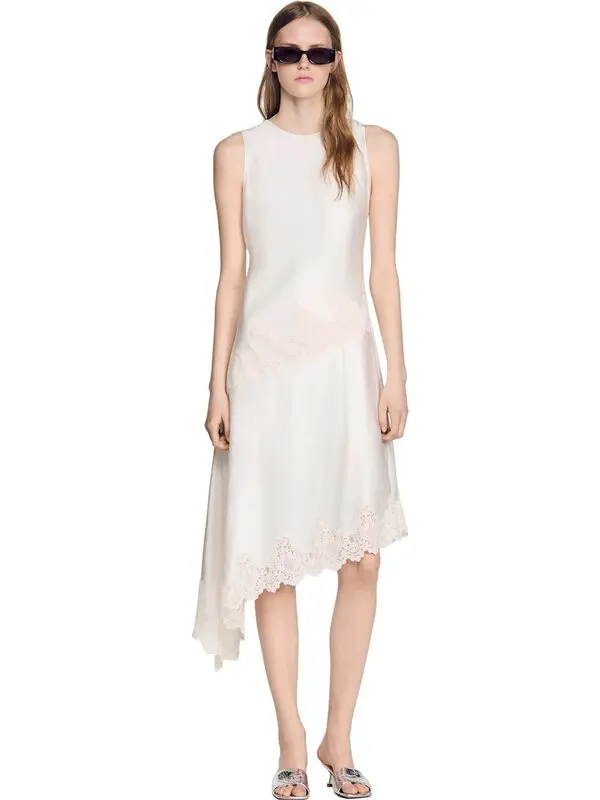 Sandro Asymmetrical Satin-effect Dress With Lace Embellishments - Ecru