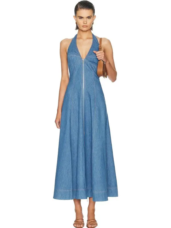 NICHOLAS Halter Zip Front Maxi Dress - Light Wash