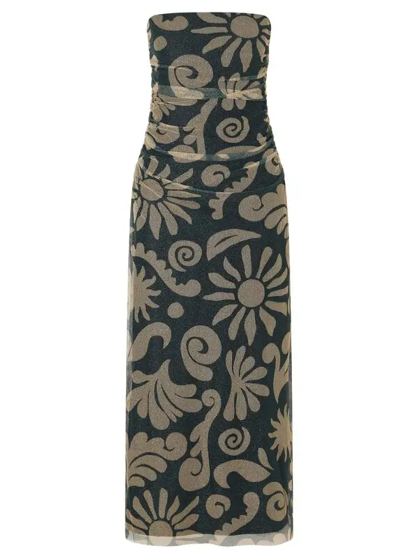 CALA DE LA CRUZ Daphne Ruched Printed Mesh Midi Dress - Black