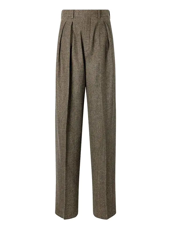 Saint Laurent Pleated Herringbone Wool-blend Straight-leg Trousers - Brown
