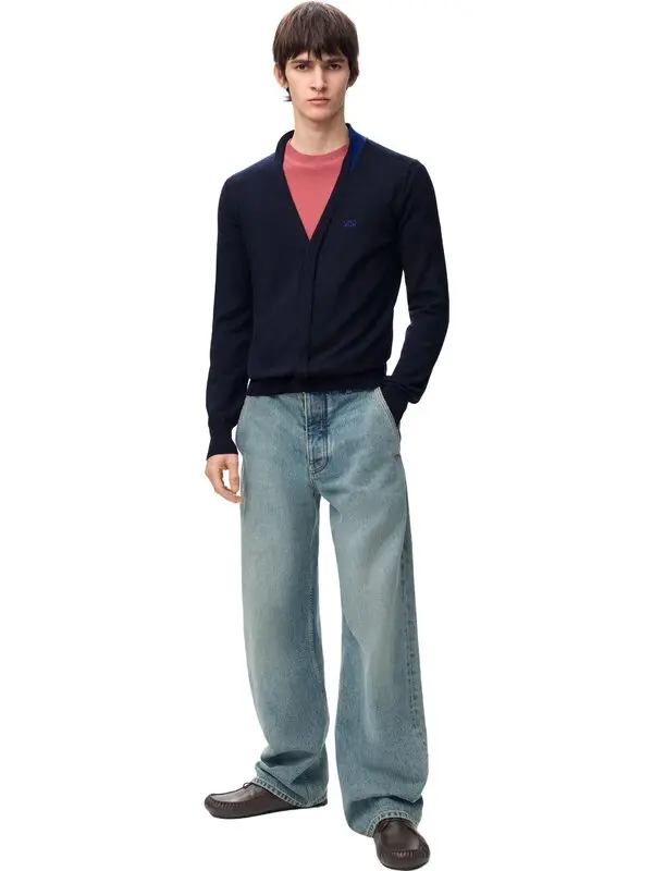 Loewe Merino Wool Cardigan With Embroidered Logo - Navy/blue