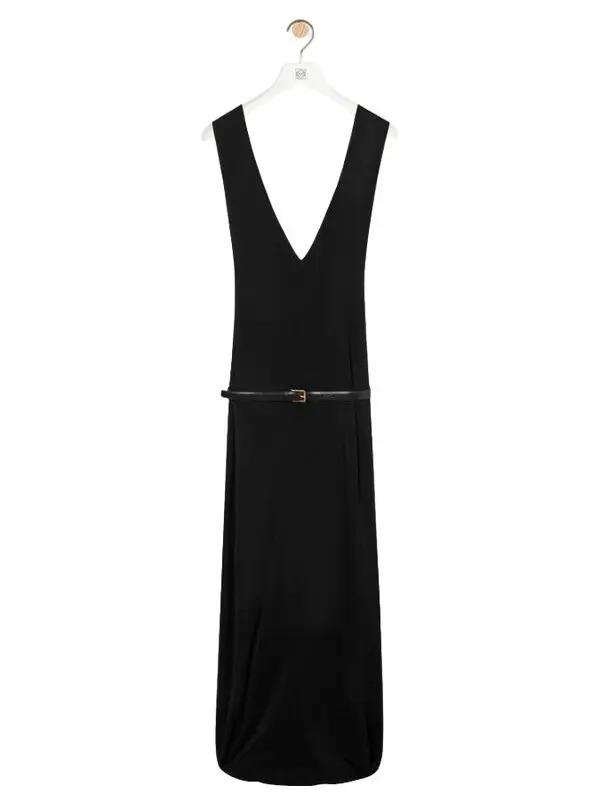 Loewe Draped Viscose Jersey Halterneck Dress With Scarf Ties And Leather Belt - Black