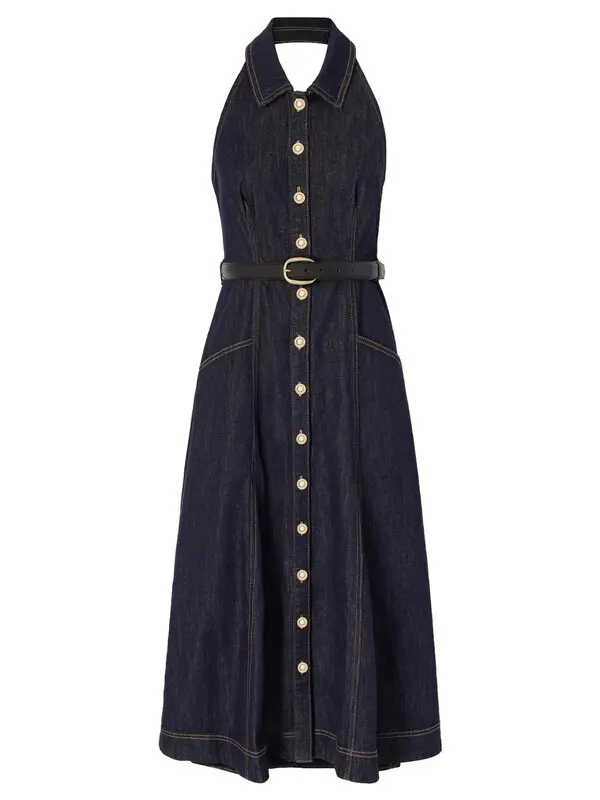 SELF-PORTRAIT Belted Halterneck Denim Midi Dress - Blue