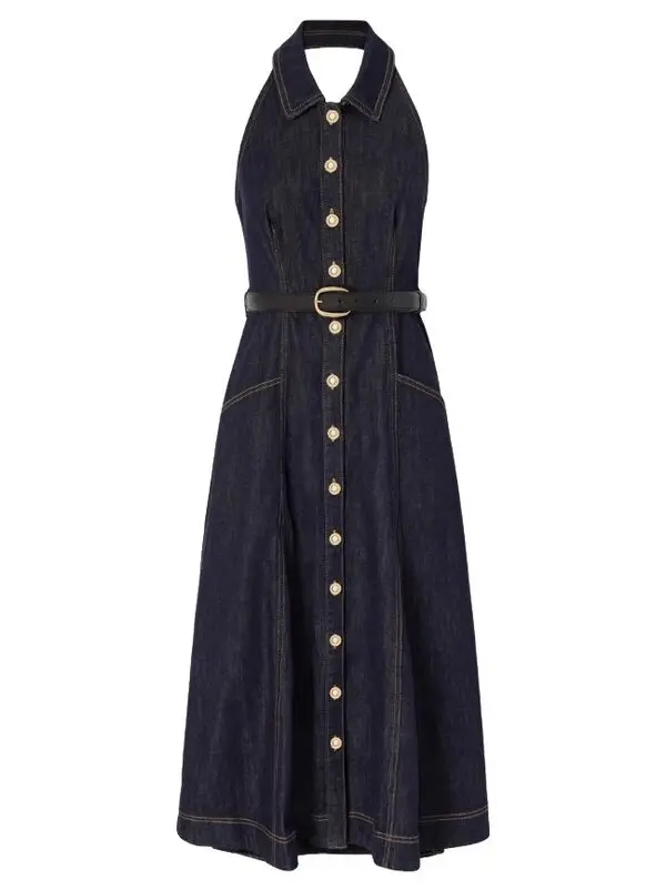 SELF-PORTRAIT Belted Halterneck Denim Midi Dress - Blue