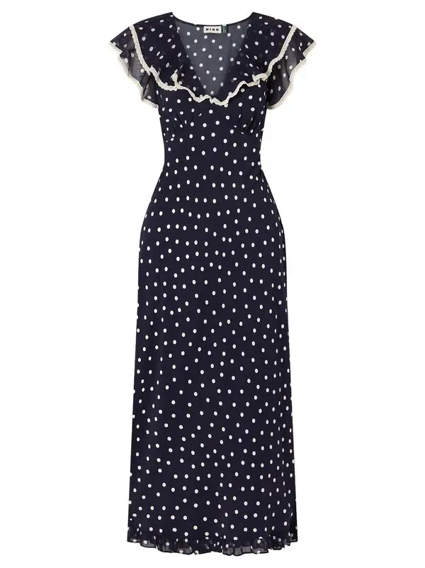 Rixo Bethea Polka Dot Crochet Trim Crepe Midi Dress - Blue