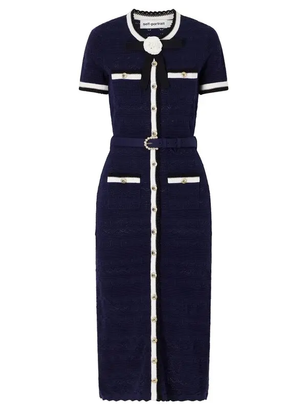 SELF-PORTRAIT Embellished Bow-detailed Pointelle-knit Cotton-blend Midi Dress - Blue