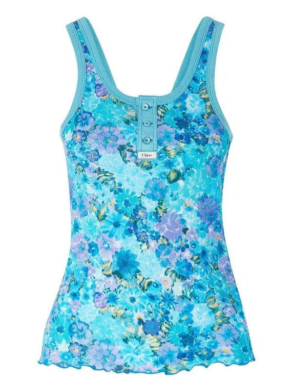 Chloé Floral Print Ribbed Stretch Cotton Tank - Blue