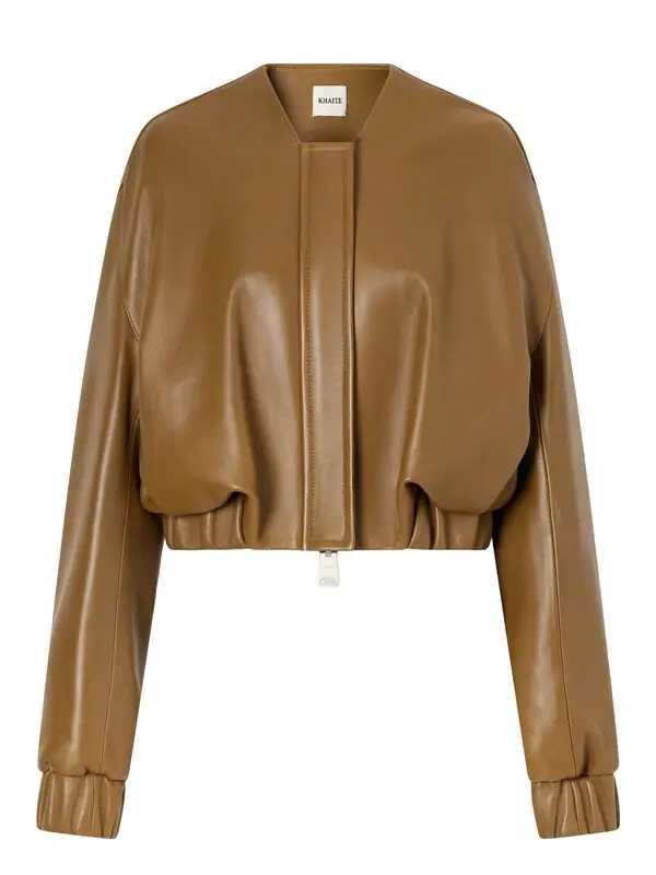 Khaite Cropped Nappa Leather Bomber Jacket - Neutrals