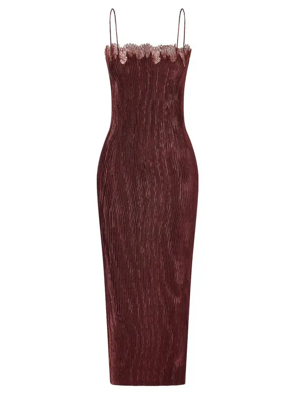 FFORME Lumie Lace-trimmed Pleated Midi Dress - Burgundy