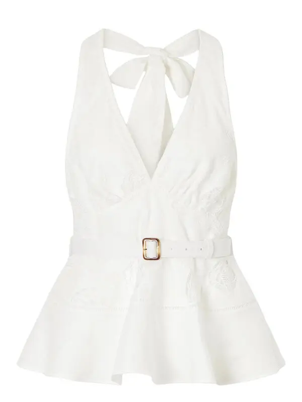 SELF-PORTRAIT Belted Embroidered Peplum Top - White