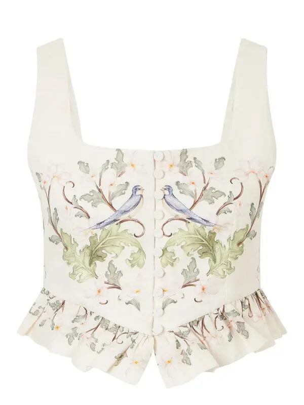 Agua Bendita Eslabon Anhelo' Floral Print Linen Cropped Top - Neutrals