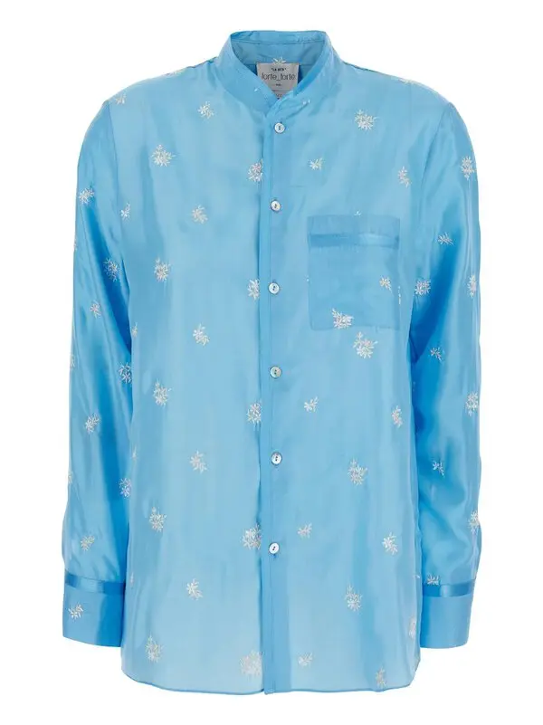 FORTE_FORTE Silk Shirt With Mandarin Collar And Floral Embroidery - Blue