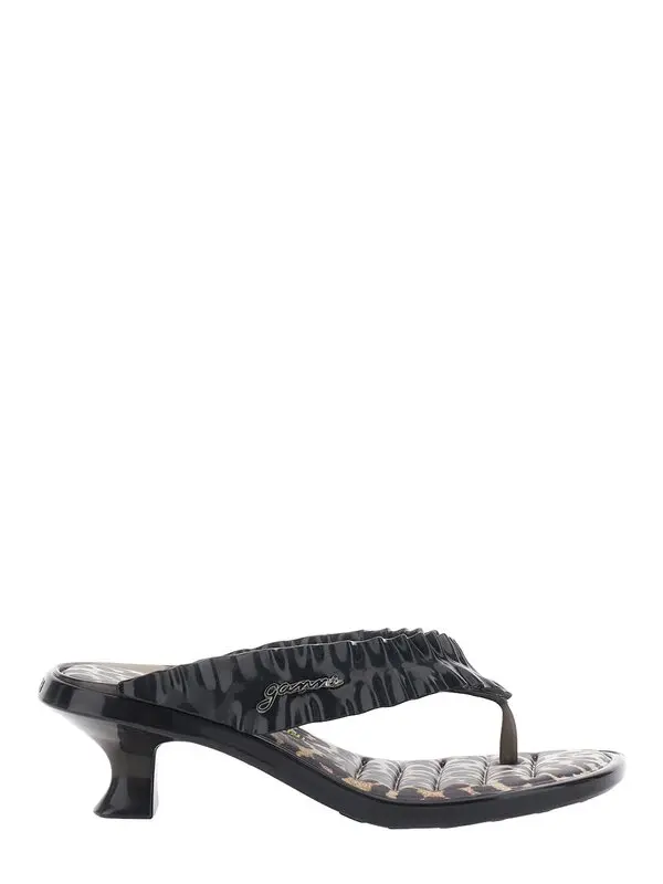 GANNI Black Leather Thong Sandals With Kitten Heel And Leopard Print - Multicolor