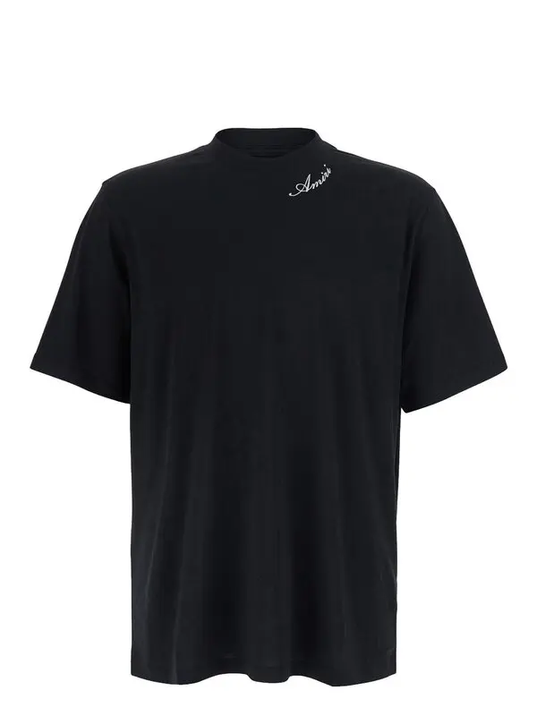 Amiri Crew Neck T-shirt With Wide Short Sleeves And Logo Lettering Embroidery On The Neck In Tech Fabric For - Black