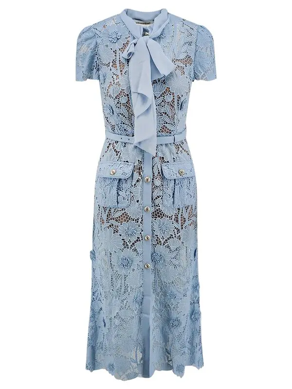 SELF-PORTRAIT Lace Midi Dress With Belt - Blue