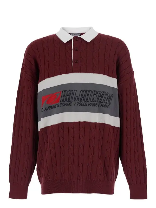 Balenciaga Bordeaux Cable Knit Polo Sweater With Maxi Logo - Multicolor