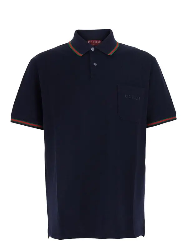 Gucci Blue Polo With Web Detail And Logo Lettering On The Front In Cotton For - Multicolor