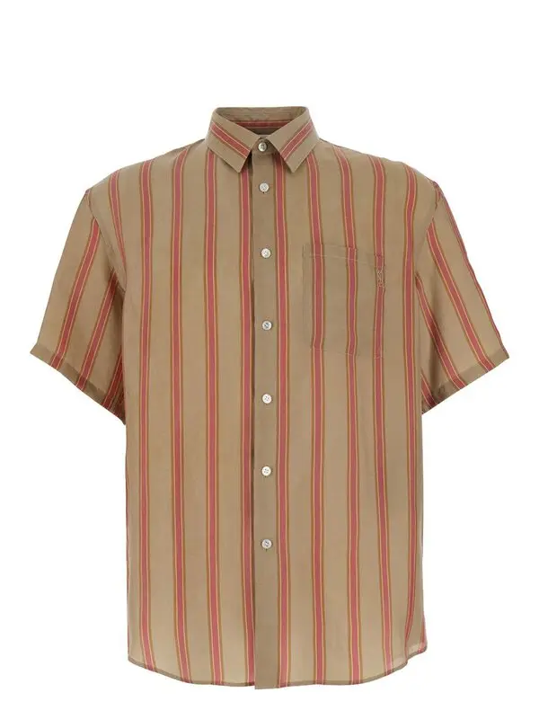Saint Laurent Beige Shirt With Cassandre Embroidery On The Front And All-over Striped Motif In Cupro For - Multicolor