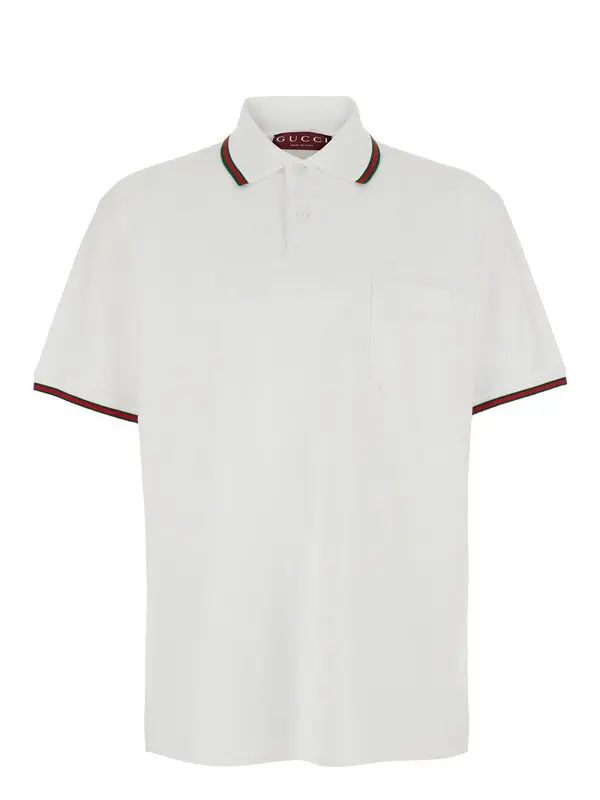 Gucci Polo Shirt With Web Detail On Collar And Sleeves And Tone-on-tone Logo Lettering On The Front In Cotton For - White