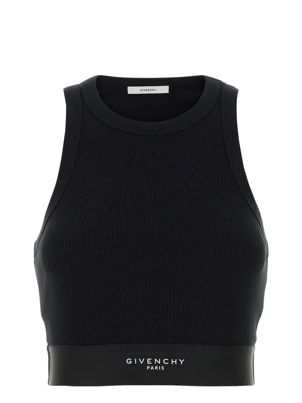 Givenchy Stretch Cotton Ribbed Crewneck Top With Logo Hem - Black