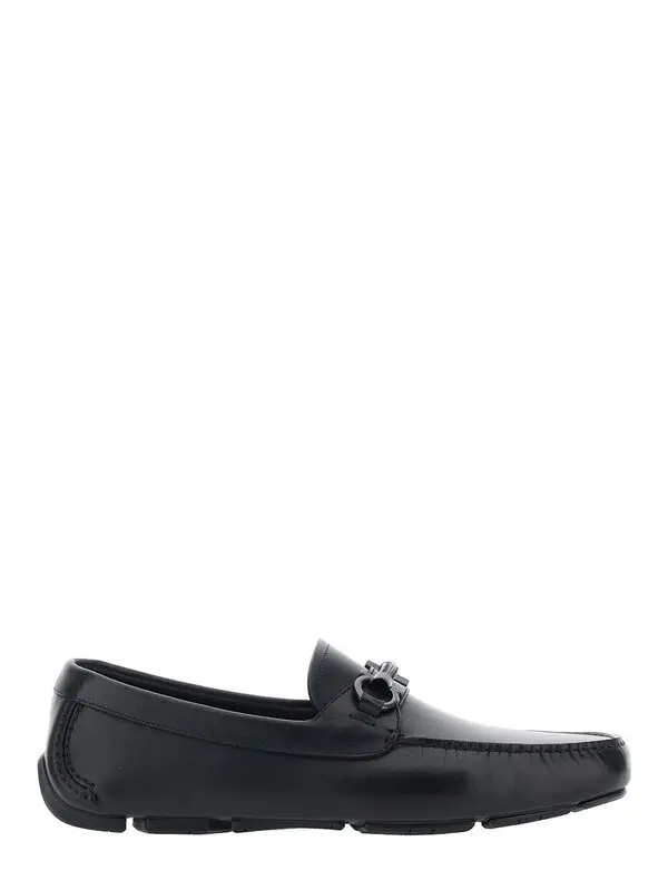 FERRAGAMO Sunsday Loafers With Gancini Plaque In Leather - Black