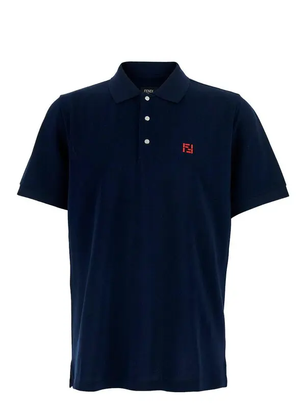 Fendi Blue Polo With Classic Collar And Logo On The Front In Cotton - Multicolor