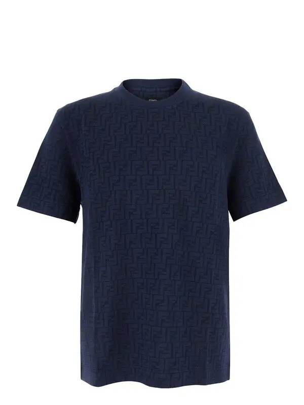 Fendi Blue Crew Neck T-shirt With Ff All-over Motif In Cotton For - Multicolor