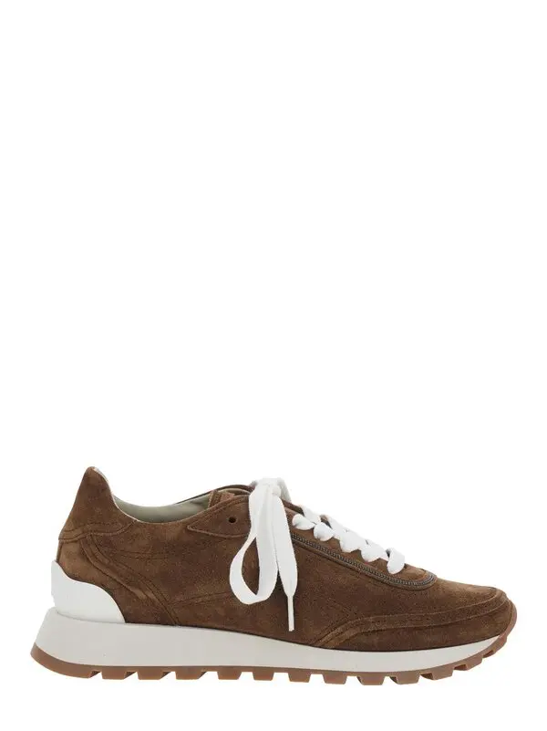 Brunello Cucinelli Suede Low Top Sneakers With Perforated Round Toe - Brown