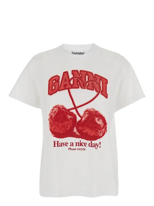 GANNI Cotton T-shirt With Cherry Graphic - Multicolor