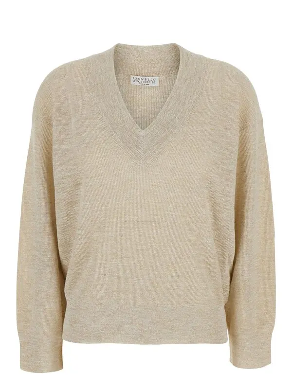Brunello Cucinelli Beige Linen Blend V-neck Sweater - Multicolor