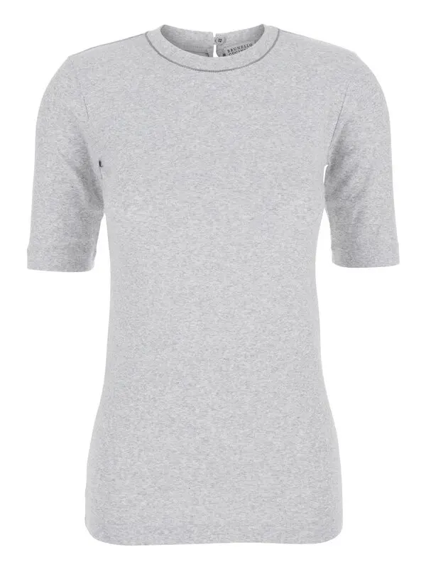 Brunello Cucinelli Cotton Three-quarter Sleeve Crewneck T-shirt With Monili Detail - Gray