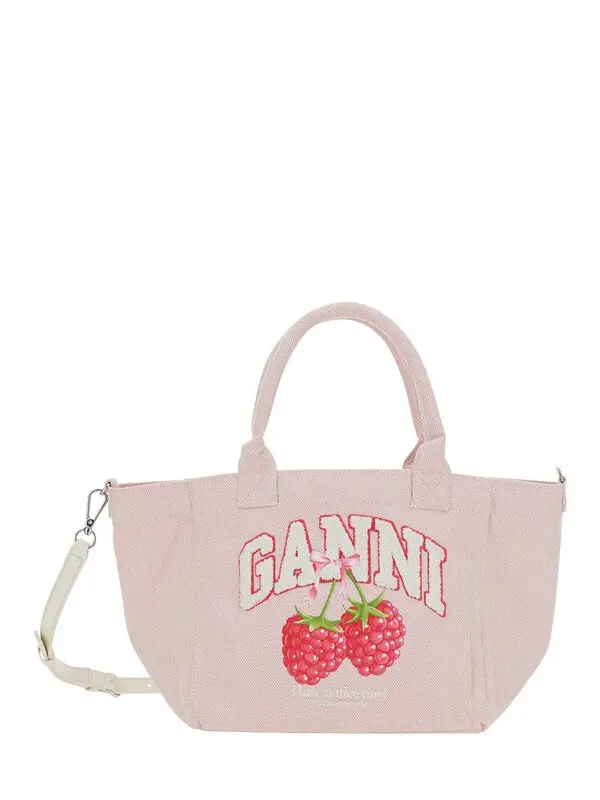 GANNI Cotton Tote Bag With Raspberry Print And Logo - Multicolor