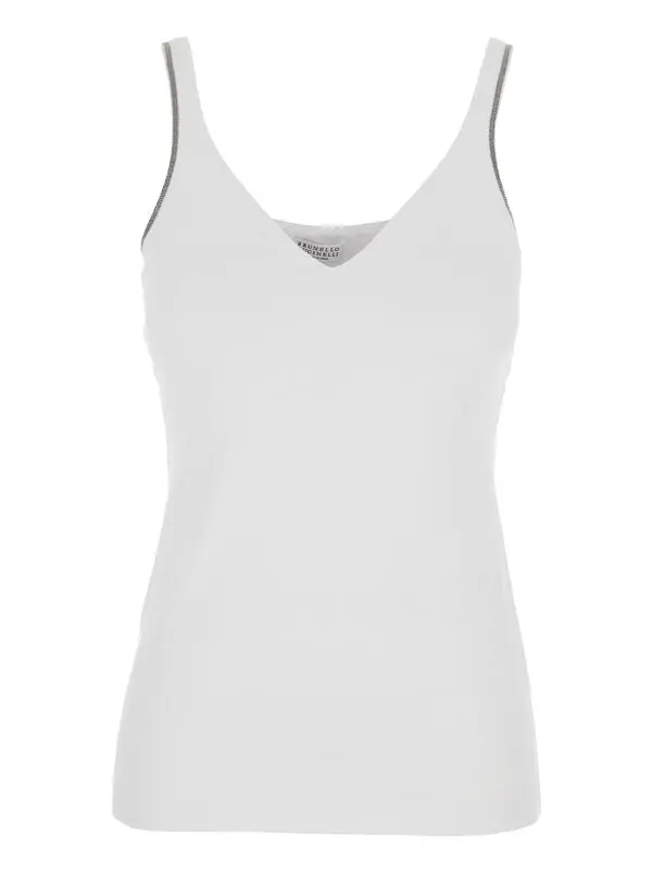 Brunello Cucinelli Cotton V-neck Tank Top With Monile Trim - Multicolor