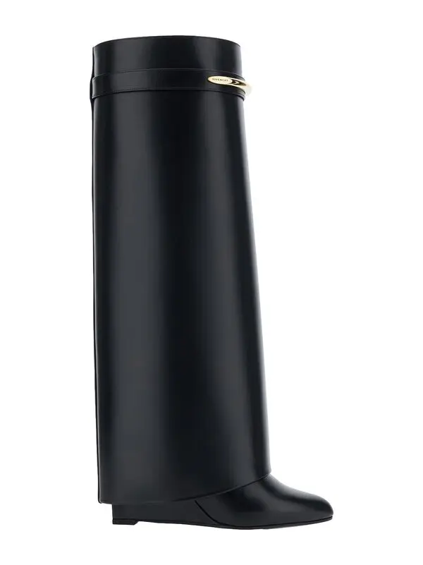 Givenchy High Wedge Heel Leather Boots With Logo Plate - Black