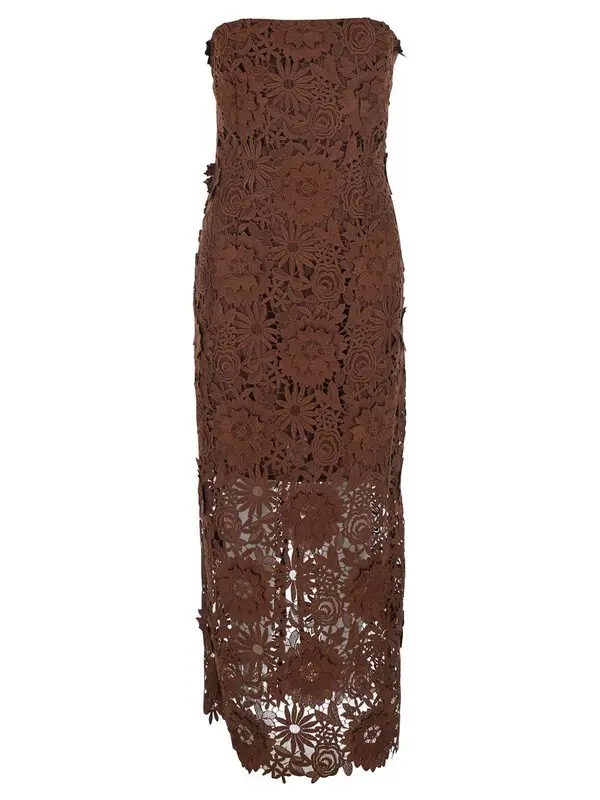 ROTATE BY BIRGER CHRISTENSEN Brown Floral Embroidered Off-shoulder Midi Dress - Multicolor