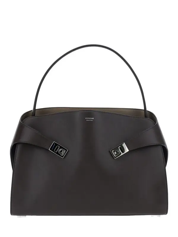 FERRAGAMO Black Leather Handbag With Gancini Buckles - Multicolor