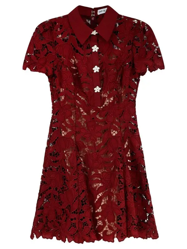 SELF-PORTRAIT Lace Mini Dress With Jeweled Buttons - Red
