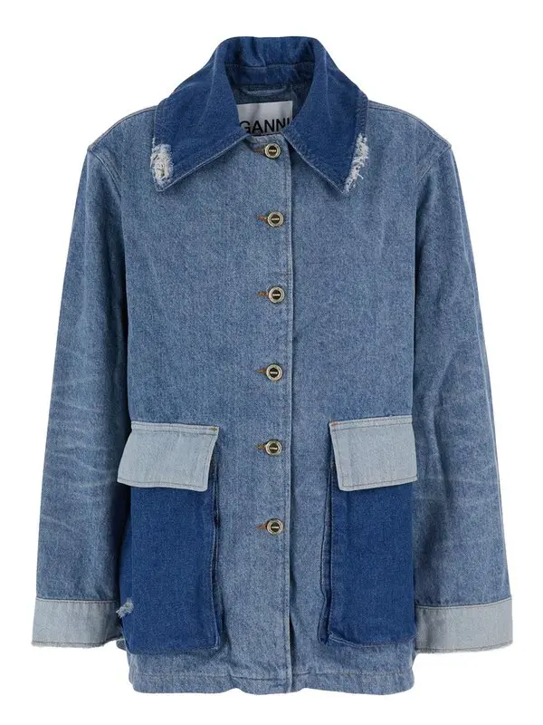 GANNI Denim Jacket With Fringed Collar And Patchwork Design - Multicolor
