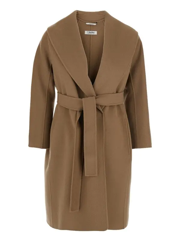 Max Mara Coat With Shawl Lapels And Belt In Wool - Multicolor