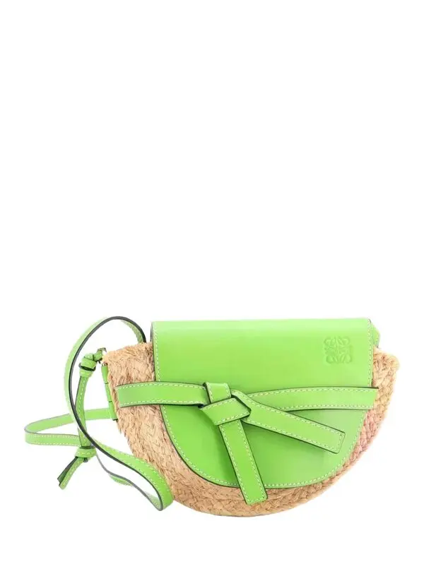 Loewe Gate Leather Shoulder Bag With Raffia - Green